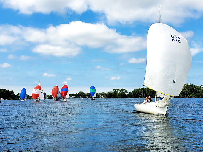 Colorful spinnakers dot Lake Minnetonka like confetti, as sailors harness Minnesota's famous winds for an afternoon of aquatic ballet.