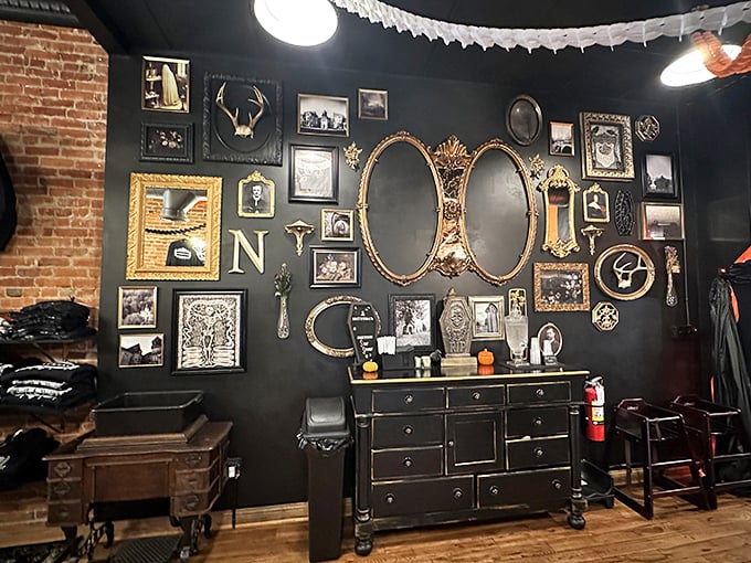 A gallery wall of curiosities tells stories without words, creating a backdrop that's both sophisticated and delightfully eerie.