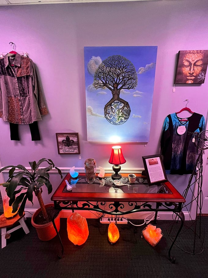 Vibrant artwork and glowing salt lamps create an atmosphere where even the most skeptical visitor might believe in magic.