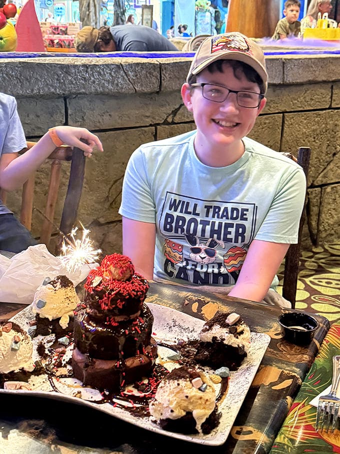 That smile says it all: dessert this ridiculous creates joy that transcends age, dietary concerns, and any remaining dignity you brought to dinner.