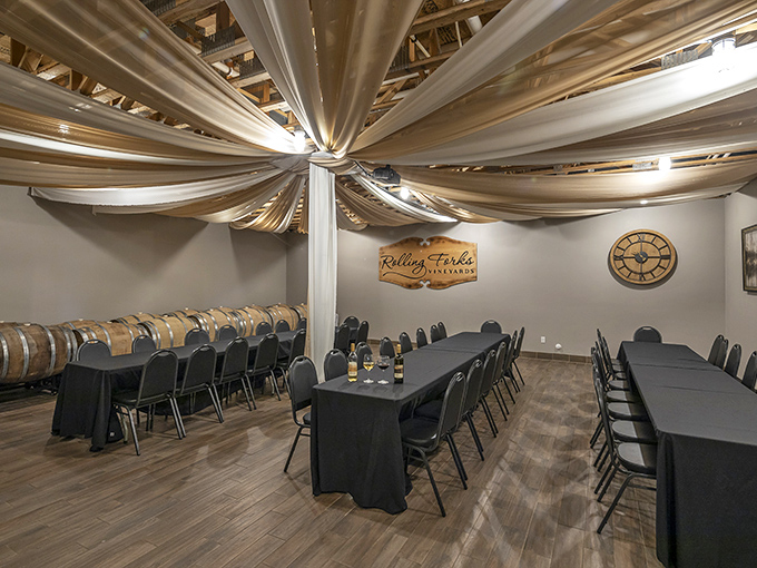 Event space dressed for celebrations where vows get exchanged, toasts get raised, and memories get made against a backdrop of rolling bluffs.