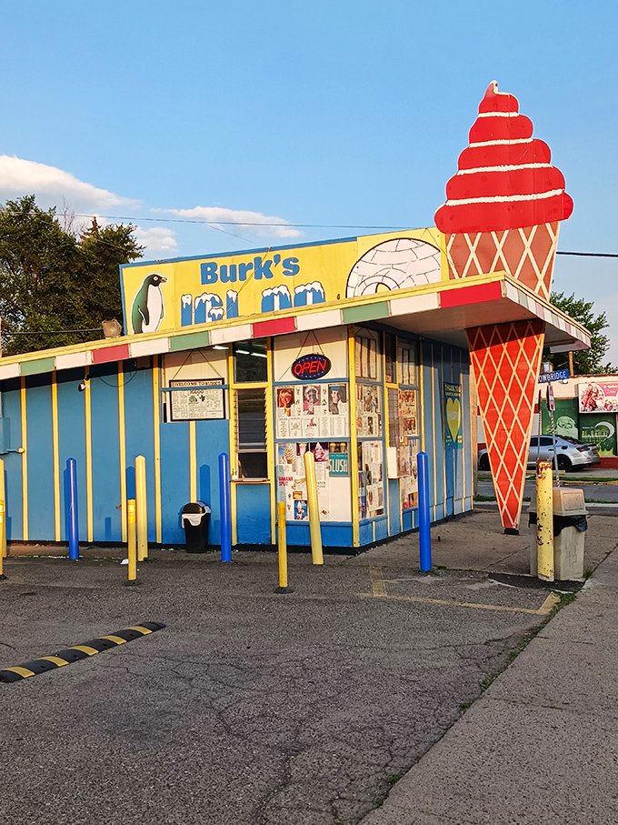 Morning sunshine illuminates the cheerful exterior, promising a day filled with sweet possibilities and brain freezes.