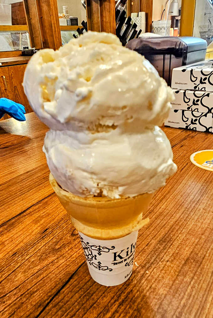 Two perfect scoops of vanilla perched atop a freshly-made waffle cone – simplicity that somehow tastes like childhood.