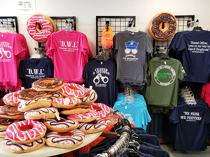 The merchandise corner offers "evidence" to take home – from t-shirts with clever police puns to stuffed donuts that won't add calories.