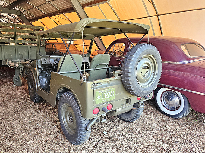 Military heritage preserved in olive drab, this Jeep stands ready for duty just as it did decades ago.