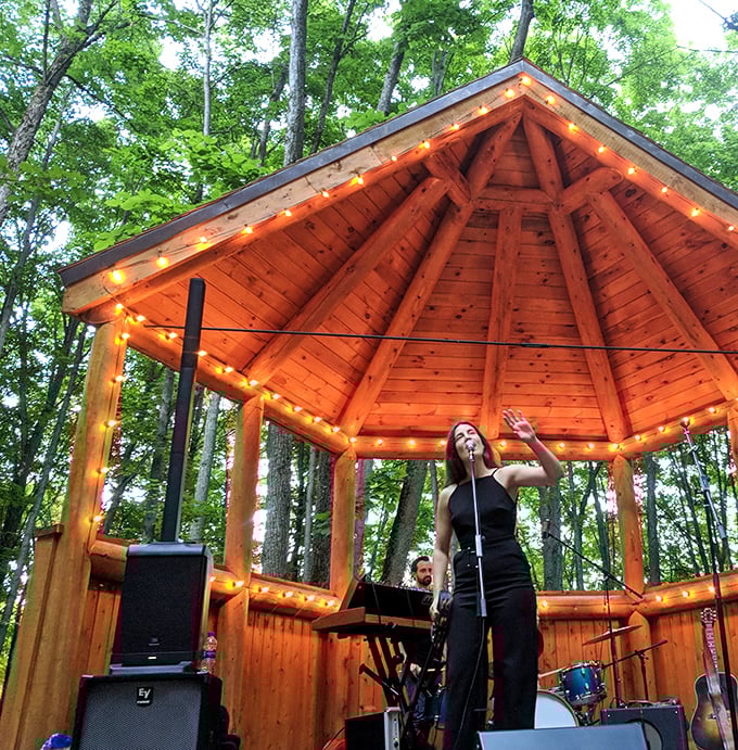 The forest amphitheater comes alive with music, as performers enchant audiences in nature's own concert hall beneath the canopy.