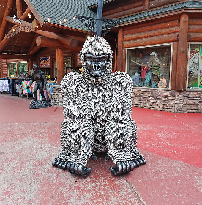 Not to be outdone, this metallic gorilla sculpture nearby proves that Mackinaw Crossings has fully embraced artistic metal creatures as part of its unique charm.