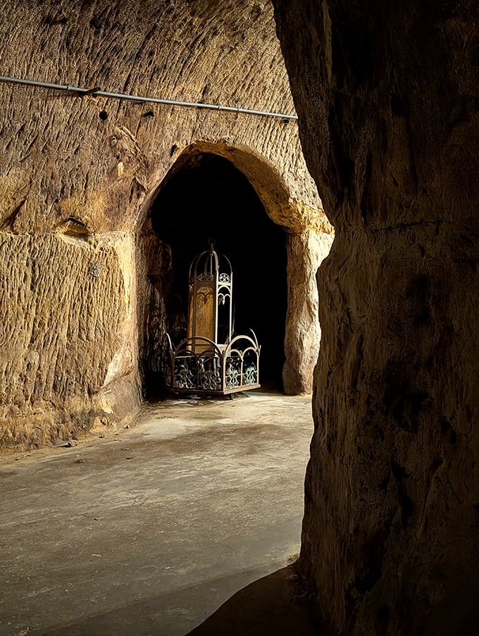 Ornate metalwork in cave passages adds Victorian elegance to spaces carved by practical miners with decidedly utilitarian intentions.