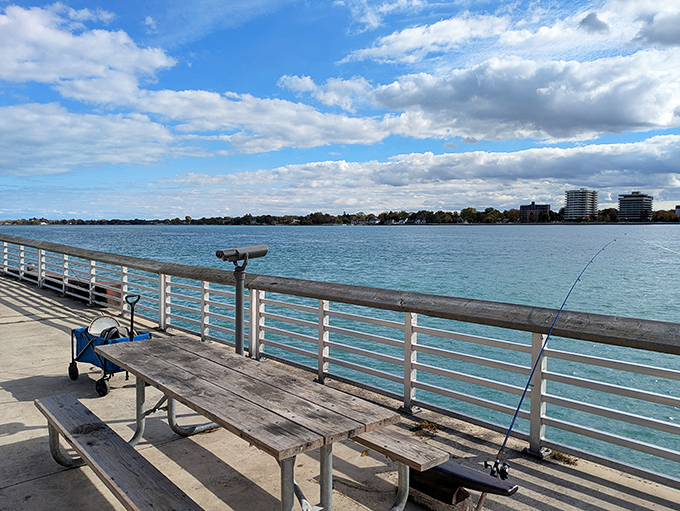 A simple picnic table with million-dollar views awaits on Belle Isle's shores &ndash; Detroit's skyline providing the kind of dining backdrop money can't buy.