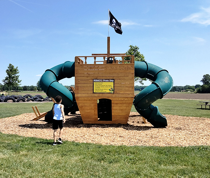 Ahoy, imagination! This pirate ship playground structure transforms ordinary farm visits into swashbuckling adventures for the younger crew.