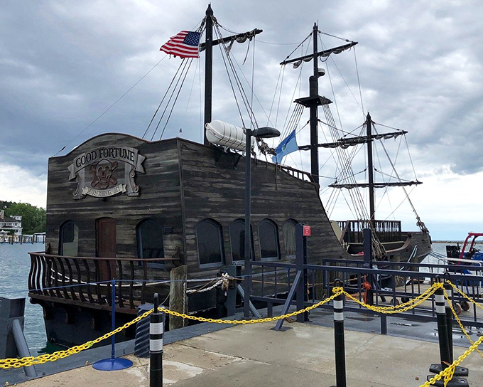 Even on cloudy days, the Good Fortune cuts an impressive figure against the Michigan sky, its detailed craftsmanship visible from stern to bow.
