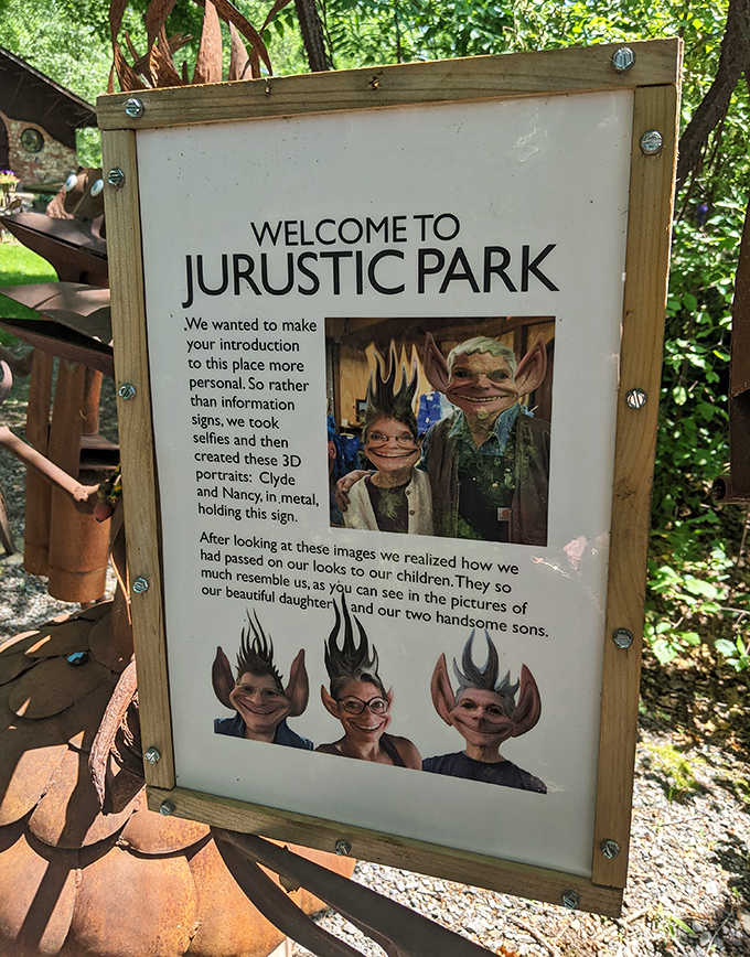 The welcoming sign introduces visitors to Jurustic Park with the same quirky humor that permeates the entire experience.
