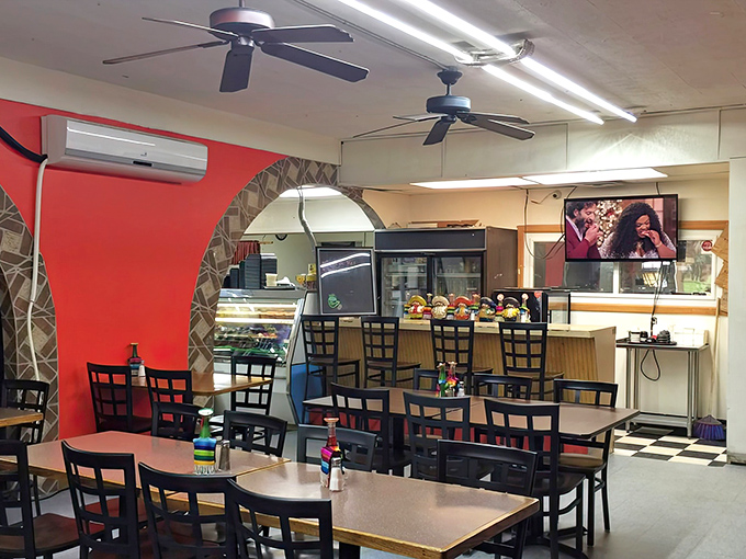 Simple seating arrangements prove you don't need fancy furniture when the food is this good and authentic.