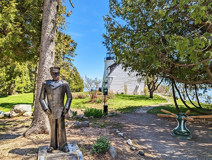 A silent sentinel in metal form &ndash; honoring those who kept the lights burning through Michigan's notorious lake storms.