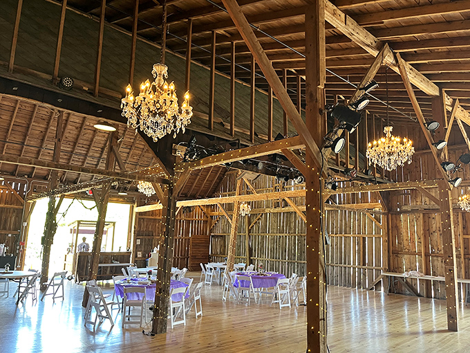 Crystal chandeliers transform this rustic barn into an elegant venue &ndash; country charm meets ballroom glamour in a surprisingly perfect marriage.