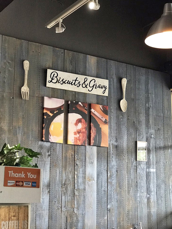 Oversized wooden utensils and breakfast-themed art announce the restaurant's priorities – like a delicious mission statement hanging on the wall.