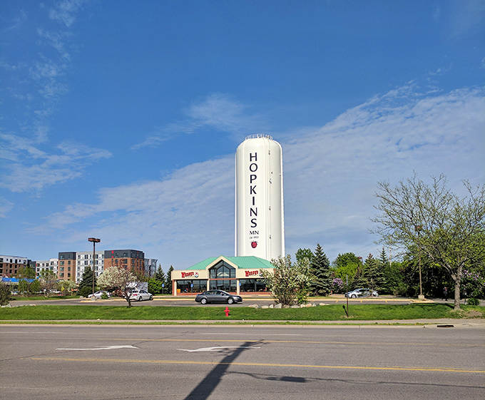The town's name proudly displayed on its water tower serves as both landmark and symbol of community identity.