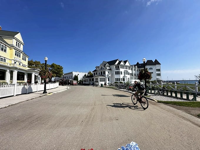 Victorian elegance meets island charm in downtown Mackinac, where horse-drawn carriages still rule the roads and fudge scents the air.