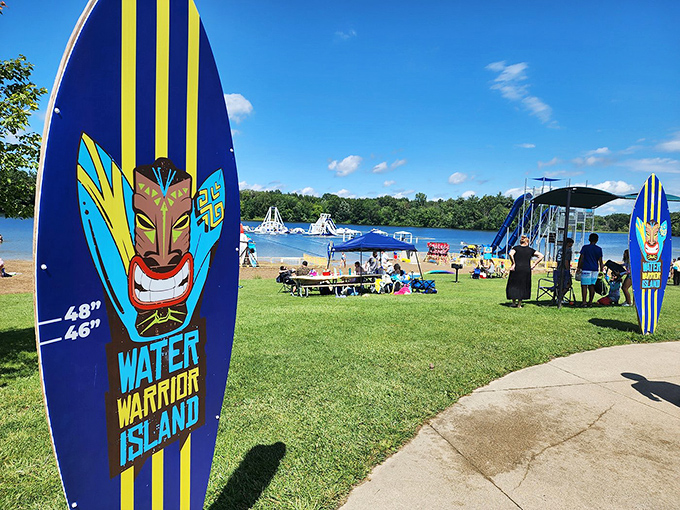 A peaceful moment at the water park captures the perfect balance between natural beauty and inflatable excitement.