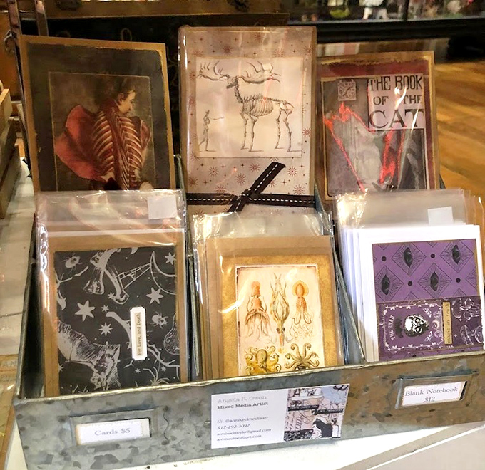 Beautifully bound journals and occult-themed books invite customers to explore supernatural literature or record their own mysterious thoughts.