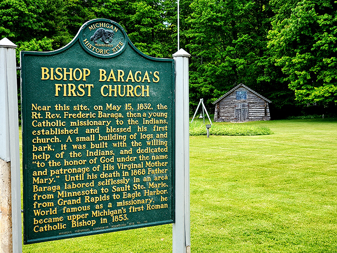 Bishop Baraga's First Church historical marker commemorates another Michigan legend, the "Snowshoe Priest" who ministered throughout the Upper Peninsula.