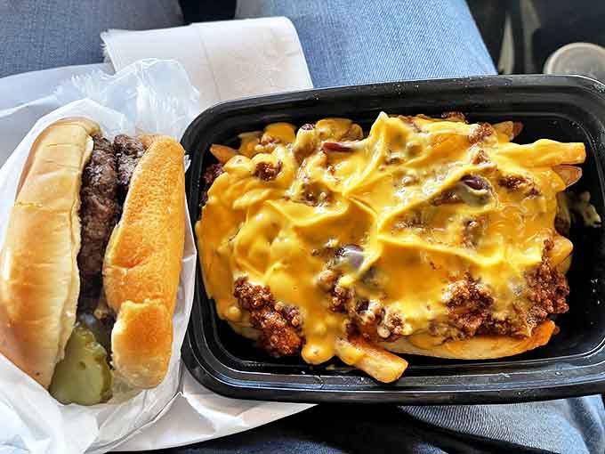 Burger with chili cheese fries: When one comfort food isn't enough &ndash; a perfect burger alongside fries smothered in chili and cheese creates edible harmony.