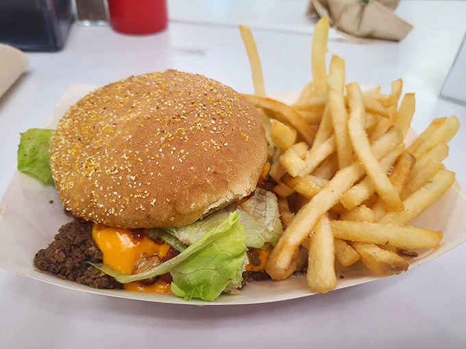 A classic burger with fries &ndash; because sometimes you need to pretend you're having a proper meal before diving into dessert.