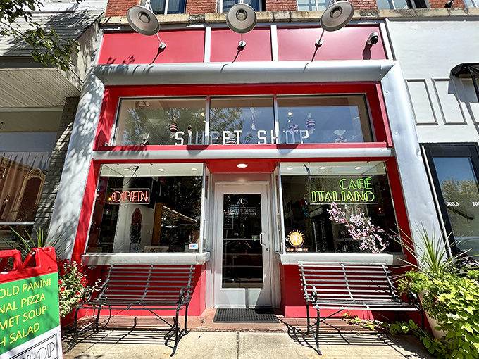 Cafe Italiano at The Sweet Shop's bright red storefront promises Italian delights that'll have you floating cartoon-style toward the entrance.