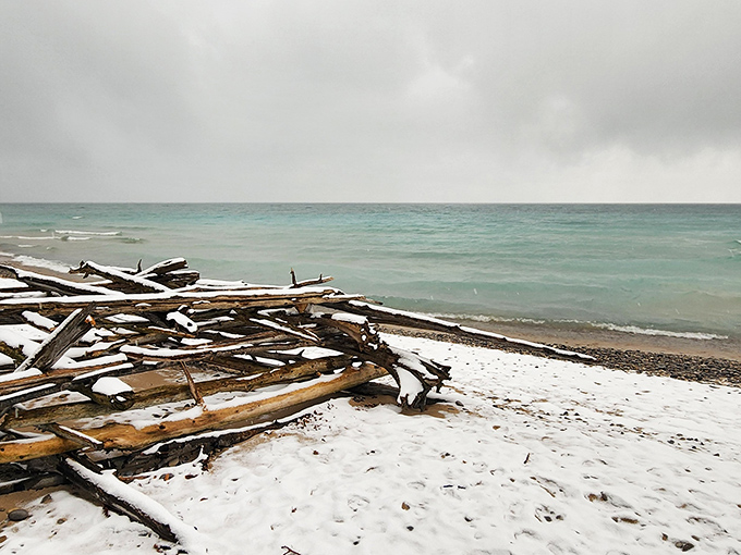 Winter transforms Christmas Cove into a dramatic landscape where driftwood meets snow – Michigan's beach for all seasons.