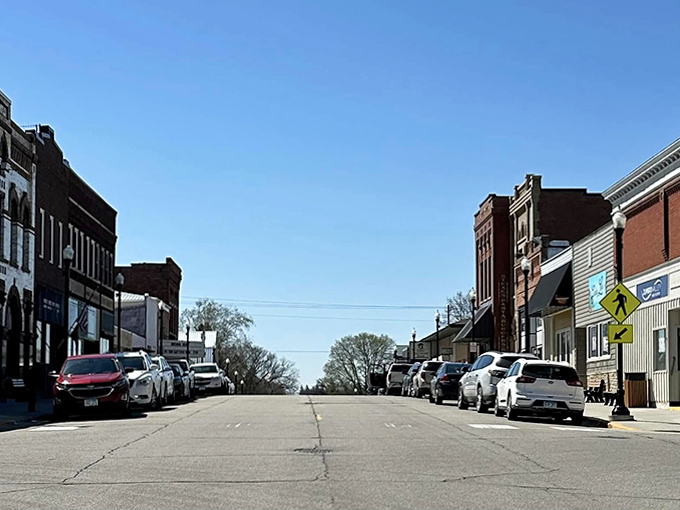 Downtown Harmony's wide streets offer a refreshing absence of traffic jams, parking meters, and honking horns.