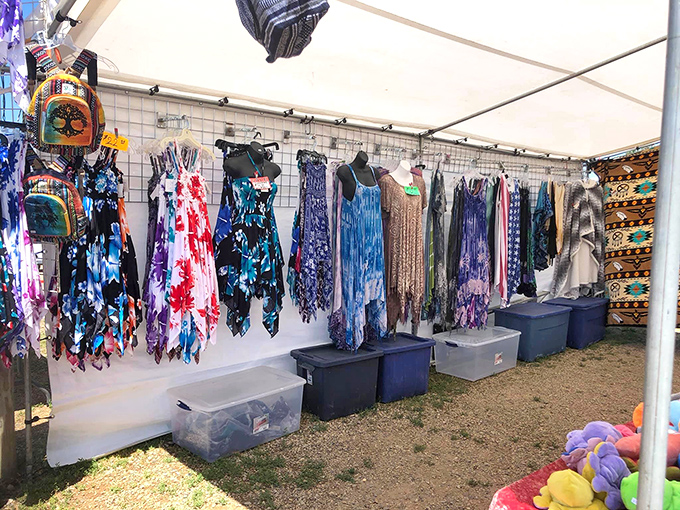 A rainbow of flowing fabrics and summer dresses sway gently in the breeze &ndash; bohemian style meets practical comfort.