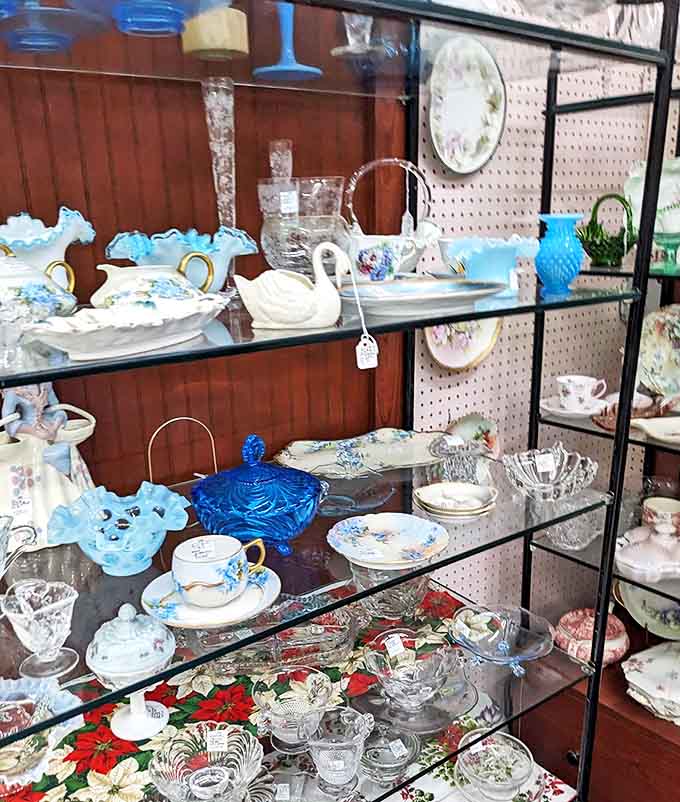 Delicate glassware catches the light and attention &ndash; from Depression glass to elegant stemware, each piece represents craftsmanship rarely seen today.