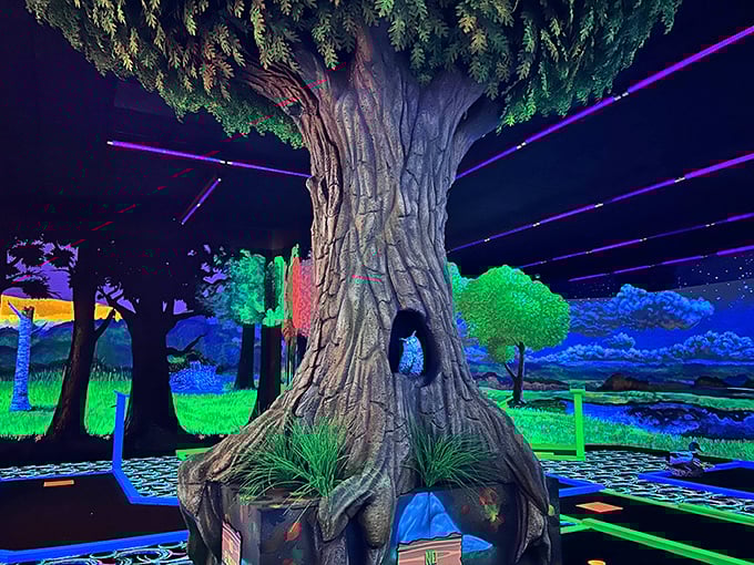 An ancient tree glows with mystical energy, its roots creating natural obstacles that challenge even the most skilled mini-golfers.