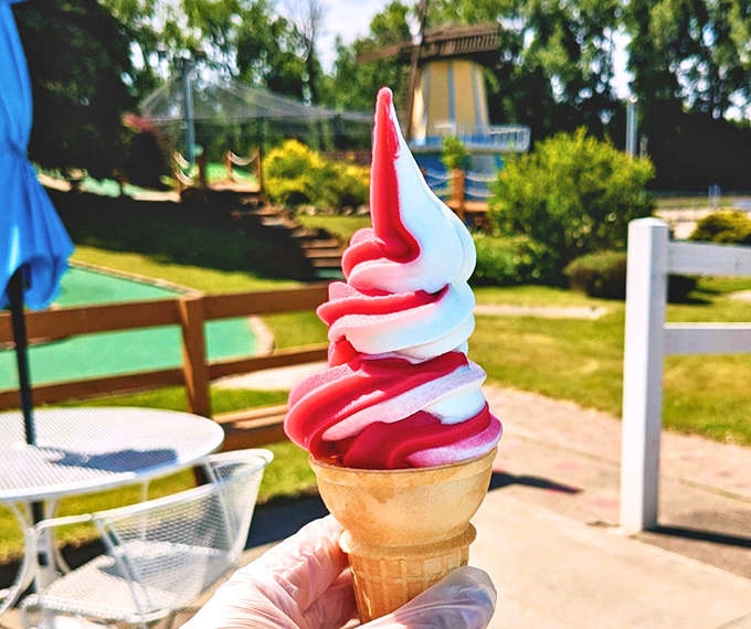 Soft-serve swirls in red and white create edible art that's almost too pretty to eat, but you'll manage somehow.