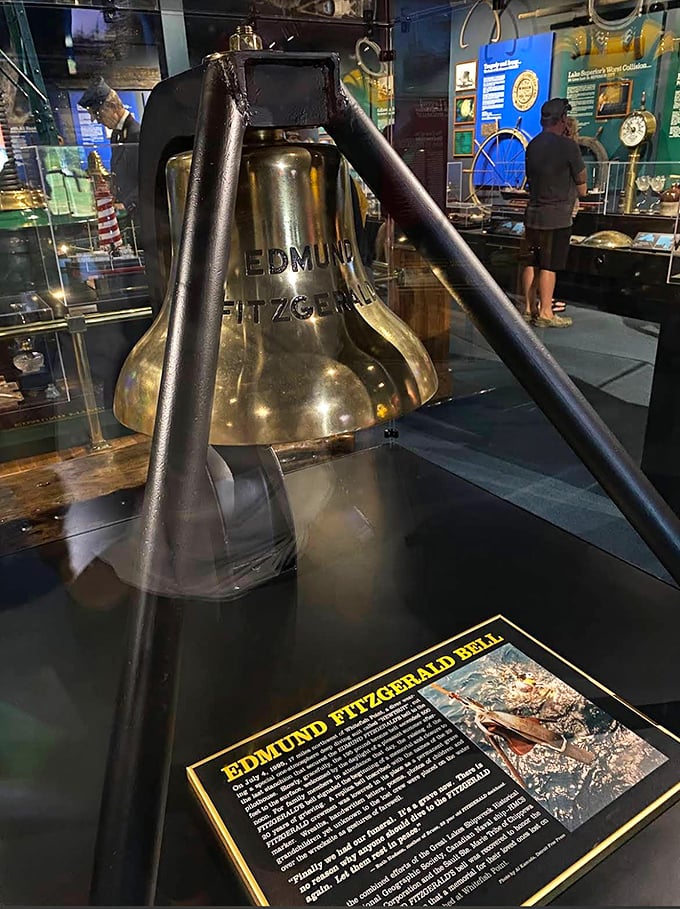 The recovered bell of the Edmund Fitzgerald stands as a solemn memorial to the 29 men lost when the freighter sank in 1975&mdash;silent now, but speaking volumes.