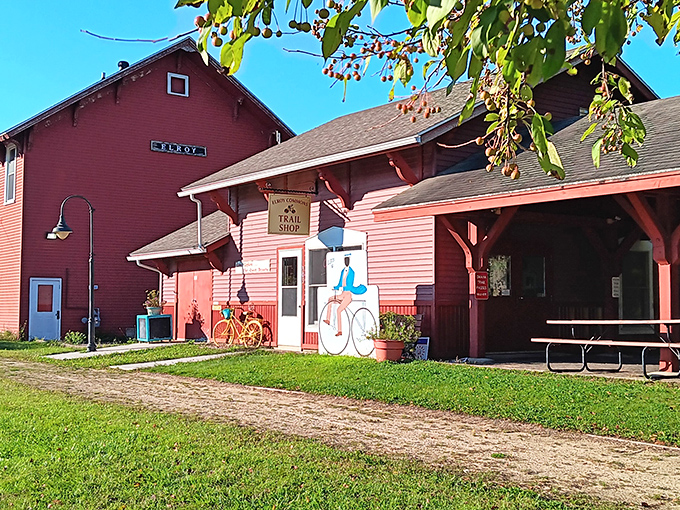 The trail shop in Elroy provides everything cyclists need, housed in a beautifully preserved railroad building painted classic red.