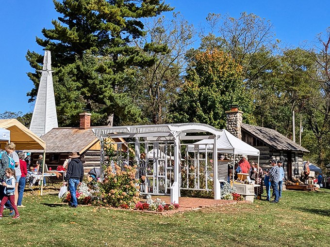 The garden area blooms with historical accuracy, growing heirloom varieties that existed before vegetables needed marketing departments.