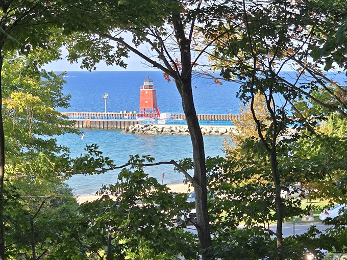 Beyond the Mushroom Houses lies Charlevoix's picturesque harbor, a reminder of the natural beauty that inspired Young's unconventional vision.