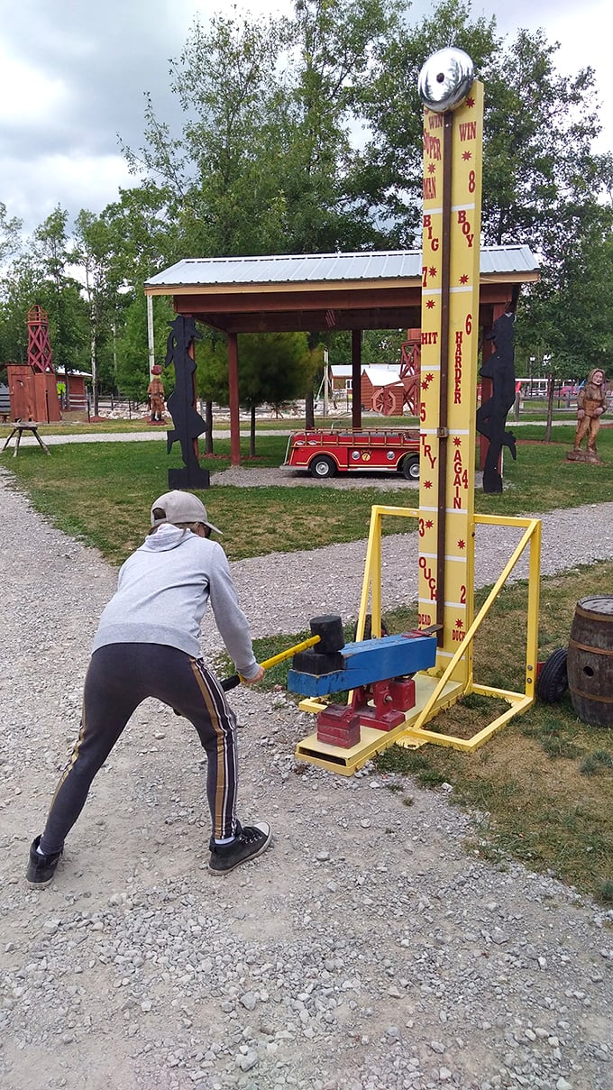 The High Striker game actually allows occasional victories, unlike carnival games engineered for maximum profit. That bell has witnessed generations of triumphant moments!