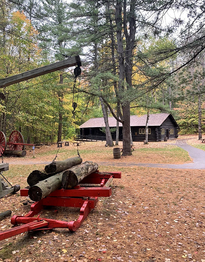 Historic logging equipment stands as a reminder of the industry that shaped Michigan, contrasting with the preserved forest beyond.