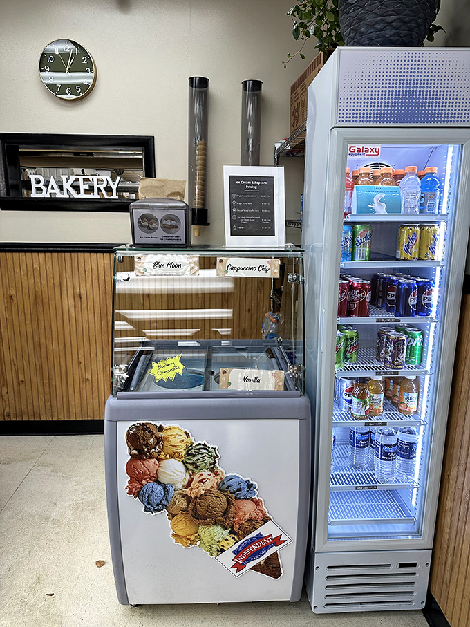 That ice cream freezer holds the perfect complement to any bakery visit, offering cool relief when the cookies get too tempting.