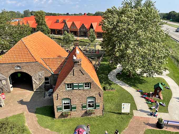From above, the village looks like someone spilled a box of European postcards across the Michigan landscape.