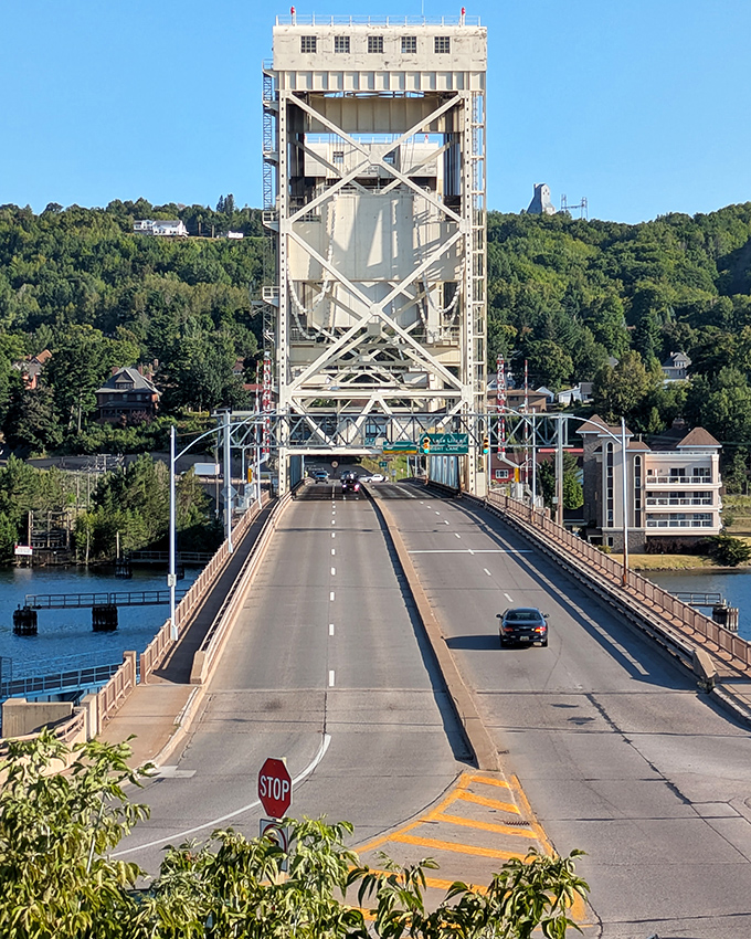 Crossing the Portage Lake Lift Bridge feels like traveling through a giant Erector Set built by ambitious engineers with a flair for the dramatic.