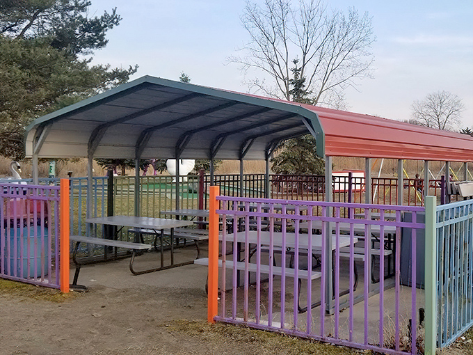 The rainbow-fenced picnic area provides a cheerful oasis for families to enjoy their frozen treasures away from summer heat.