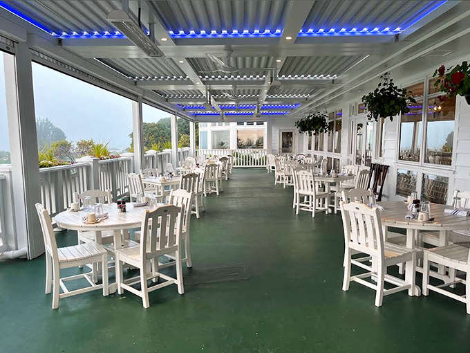 The covered patio dining area lets you enjoy your meal regardless of weather, because rain shouldn't interrupt good food and great views.