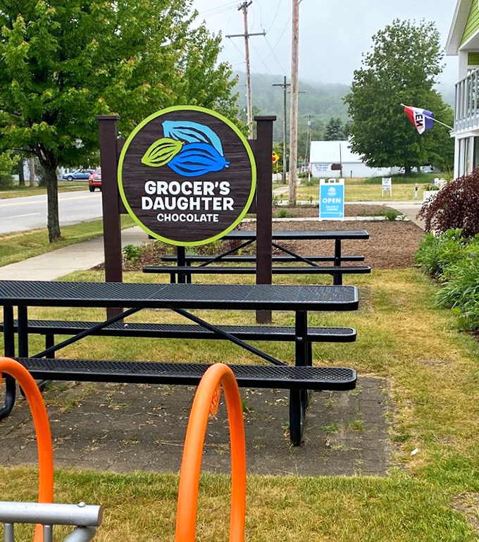 Outdoor seating provides the perfect spot to contemplate life's big questions, like "How soon is too soon to return for more chocolate?"