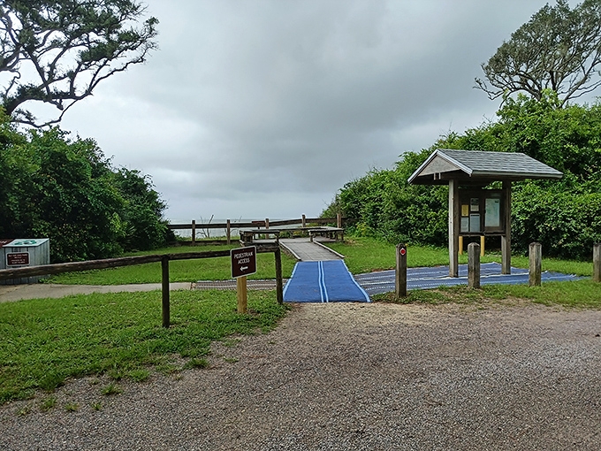 The boardwalk beckons visitors forward, promising coastal treasures at the end of its weathered planks and gentle slope.