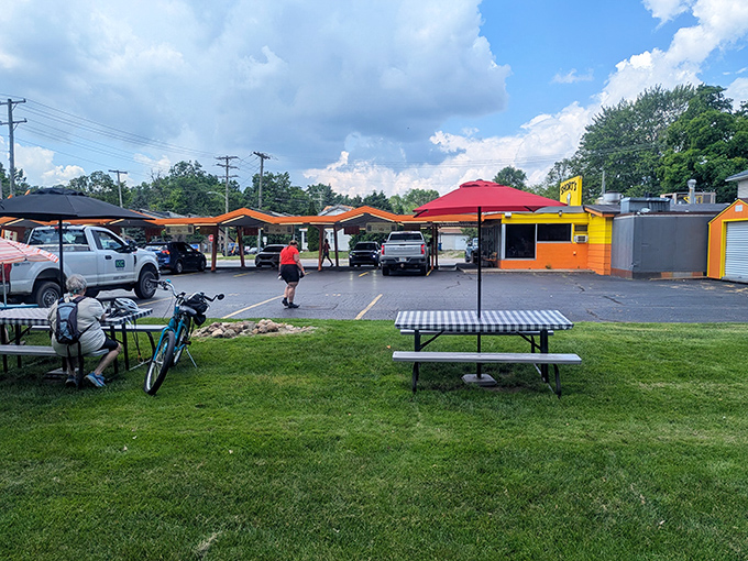 Outdoor seating where generations have gathered to enjoy summer evenings and comfort food, Michigan's version of al fresco dining.