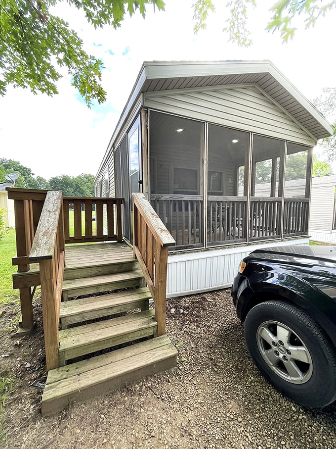 Home away from home: Screened porches on rental units provide bug-free outdoor living space for morning coffee or evening card games.