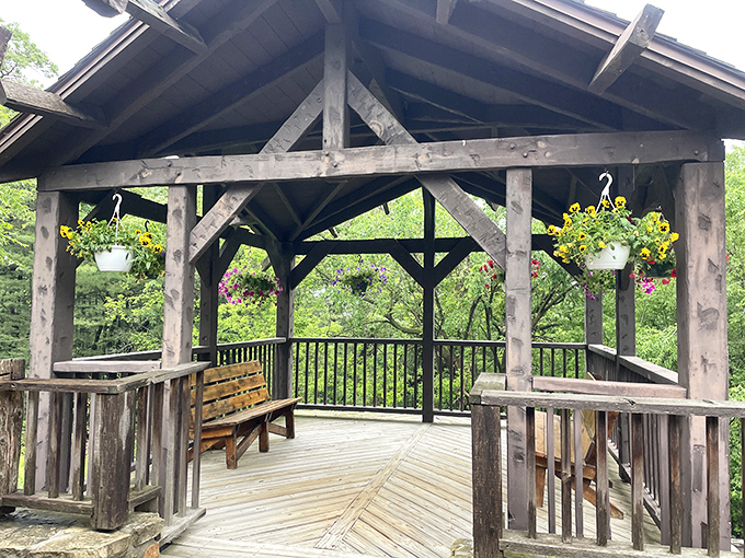This rustic gazebo offers a moment of tranquility amidst the woodland setting, perfect for contemplating the wonderfully weird experiences that await.